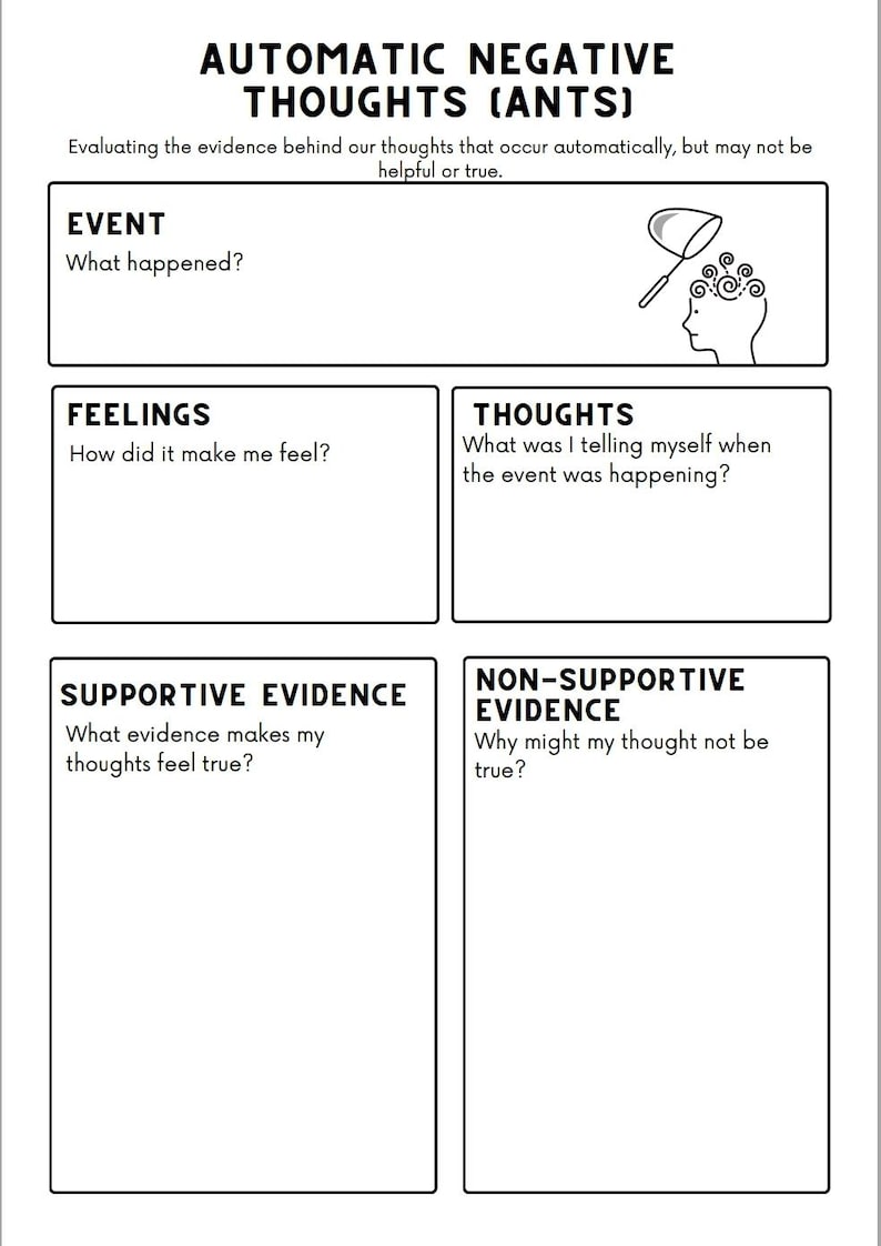Automatic Negative Thoughts Worksheet - Etsy