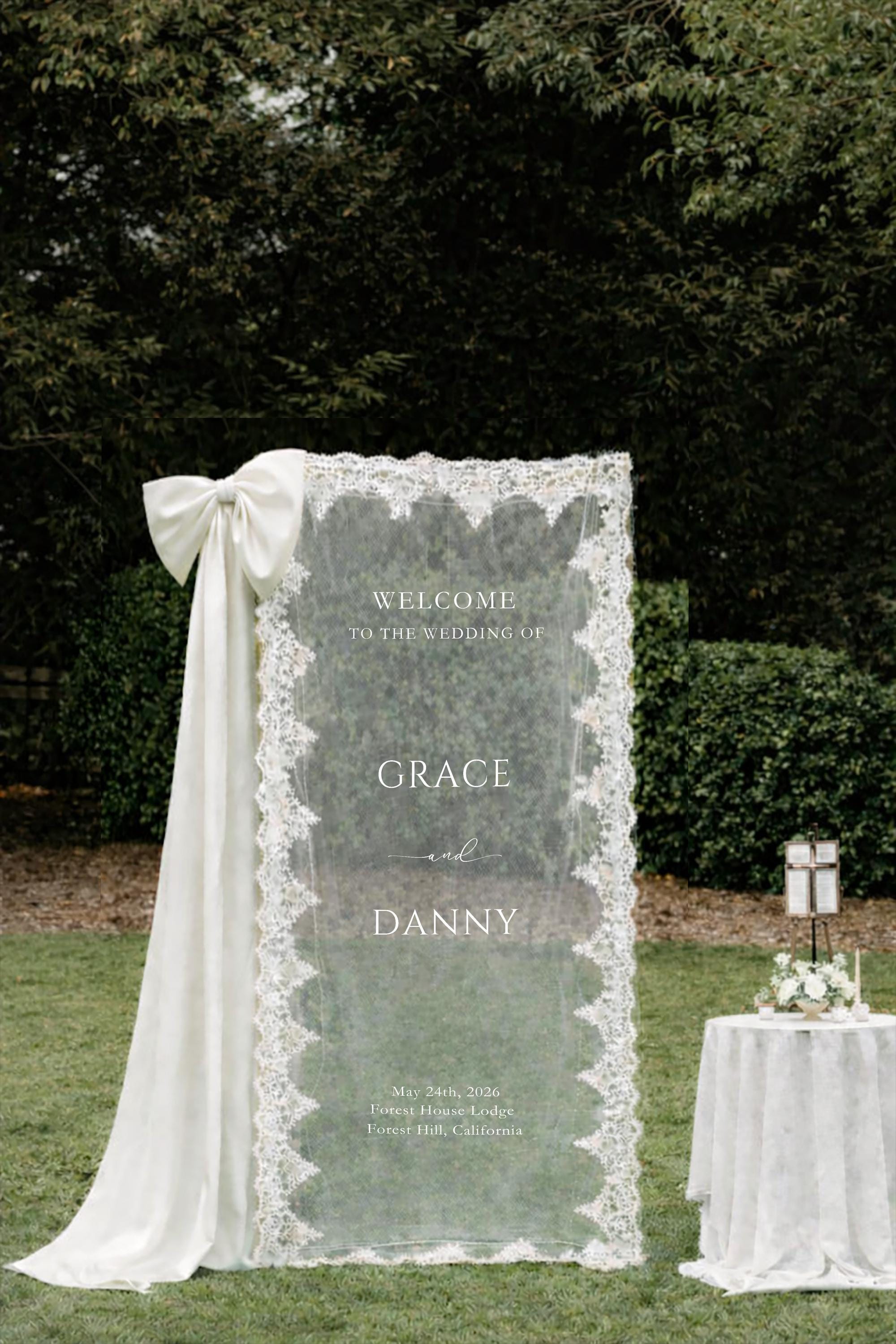 Personalized Wedding Welcome Sign With Satin Bow & Stand, Sheer Lace ...