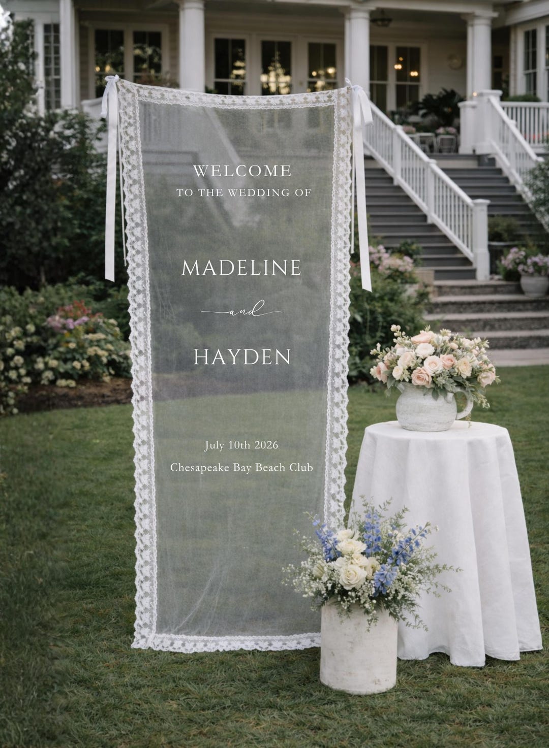 Custom Sheer Lace Wedding Welcome Sign, Personalized Tulle Banner With ...