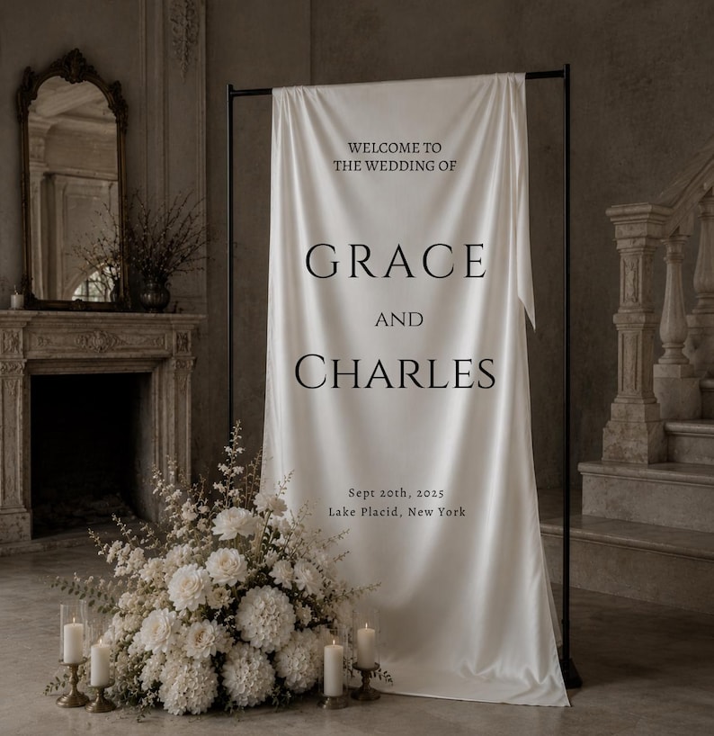 Personalized Wedding Welcome Sign – Queen Silk Ivory Fabric Banner for ...