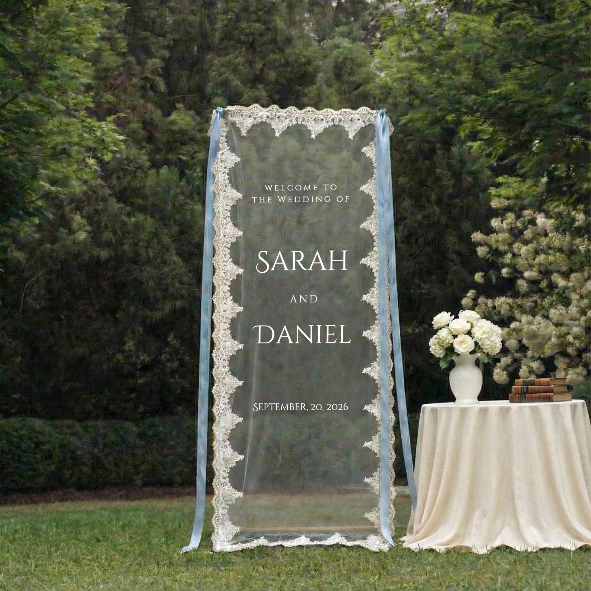 Romantic Sheer Wedding Welcome Sign, Custom Lace Wedding Welcome Banner ...