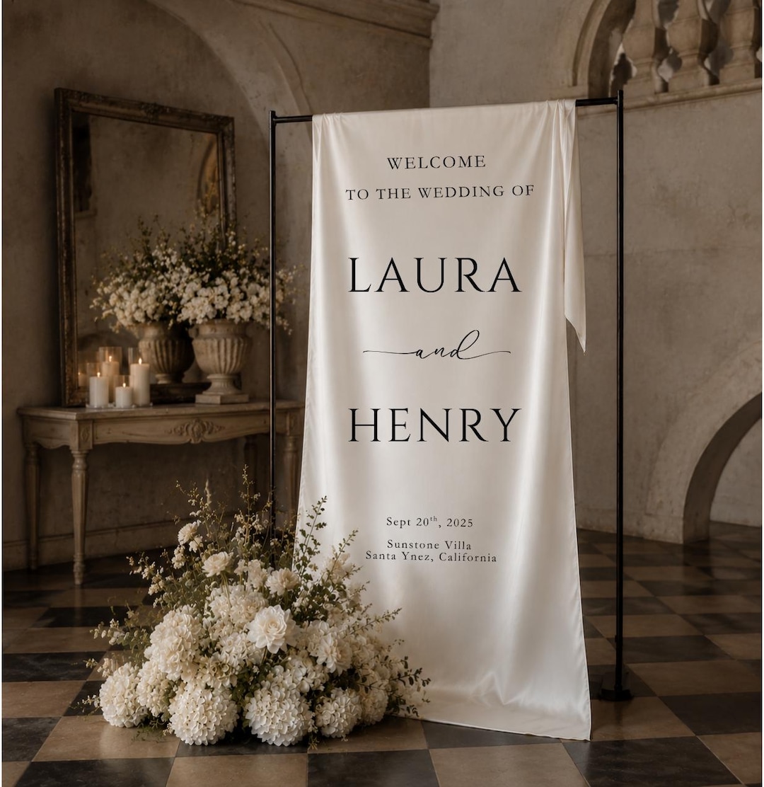 Personalized Wedding Welcome Sign – Queen Silk Ivory Fabric Banner for ...