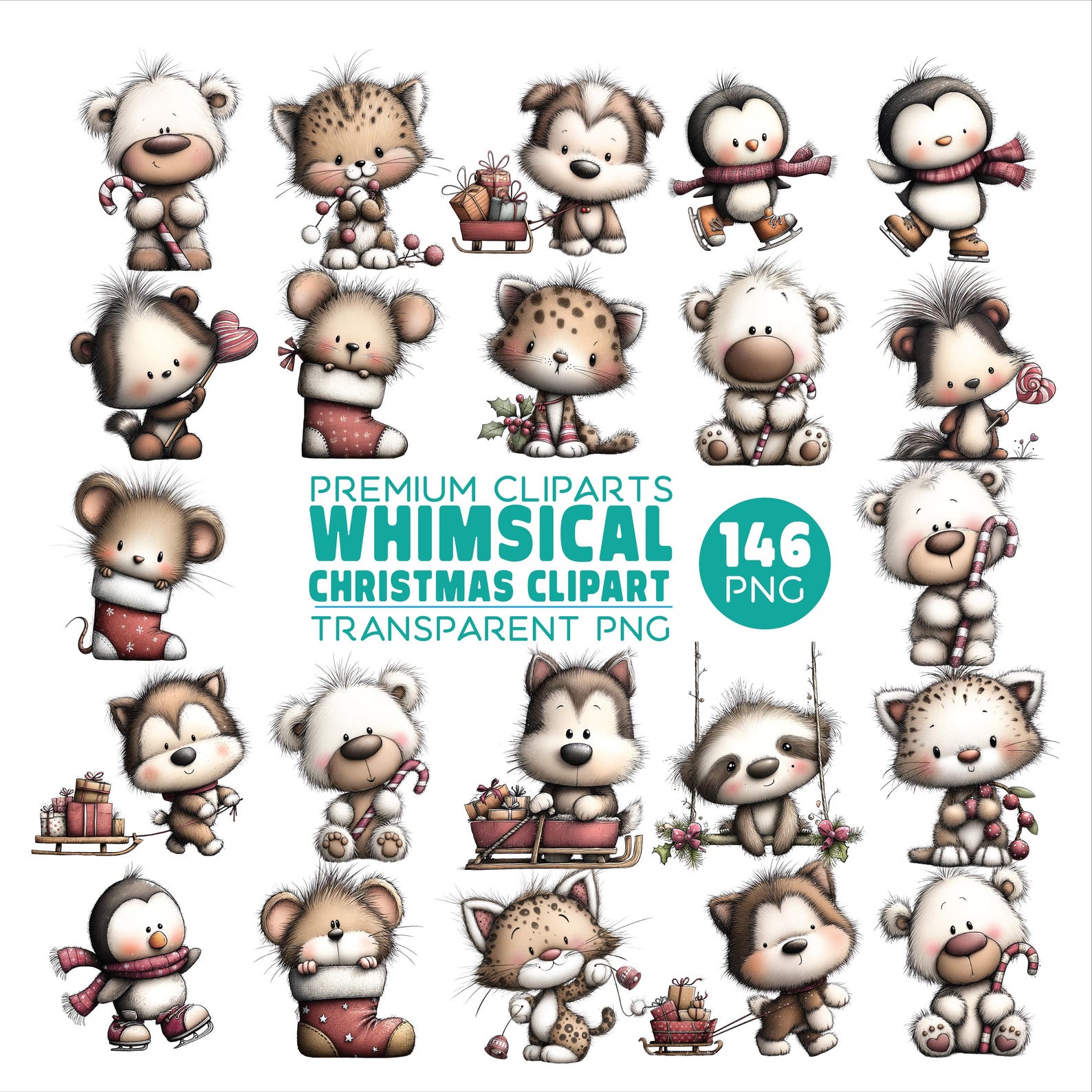 Christmas Animals Clipart Bundle: Kawaii Woodland PNG Set (digital ...