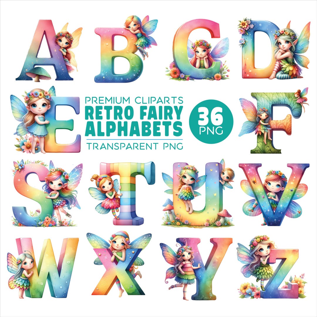 Retro Fairy Alphabet Clipart Bundle: Rainbow Font PNG (digital Download ...