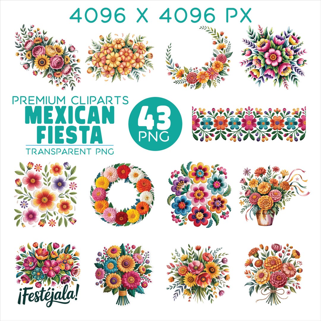 Mexican Fiesta Floral Clipart Bundle: Otomi Folk Art Flowers (PNG ...