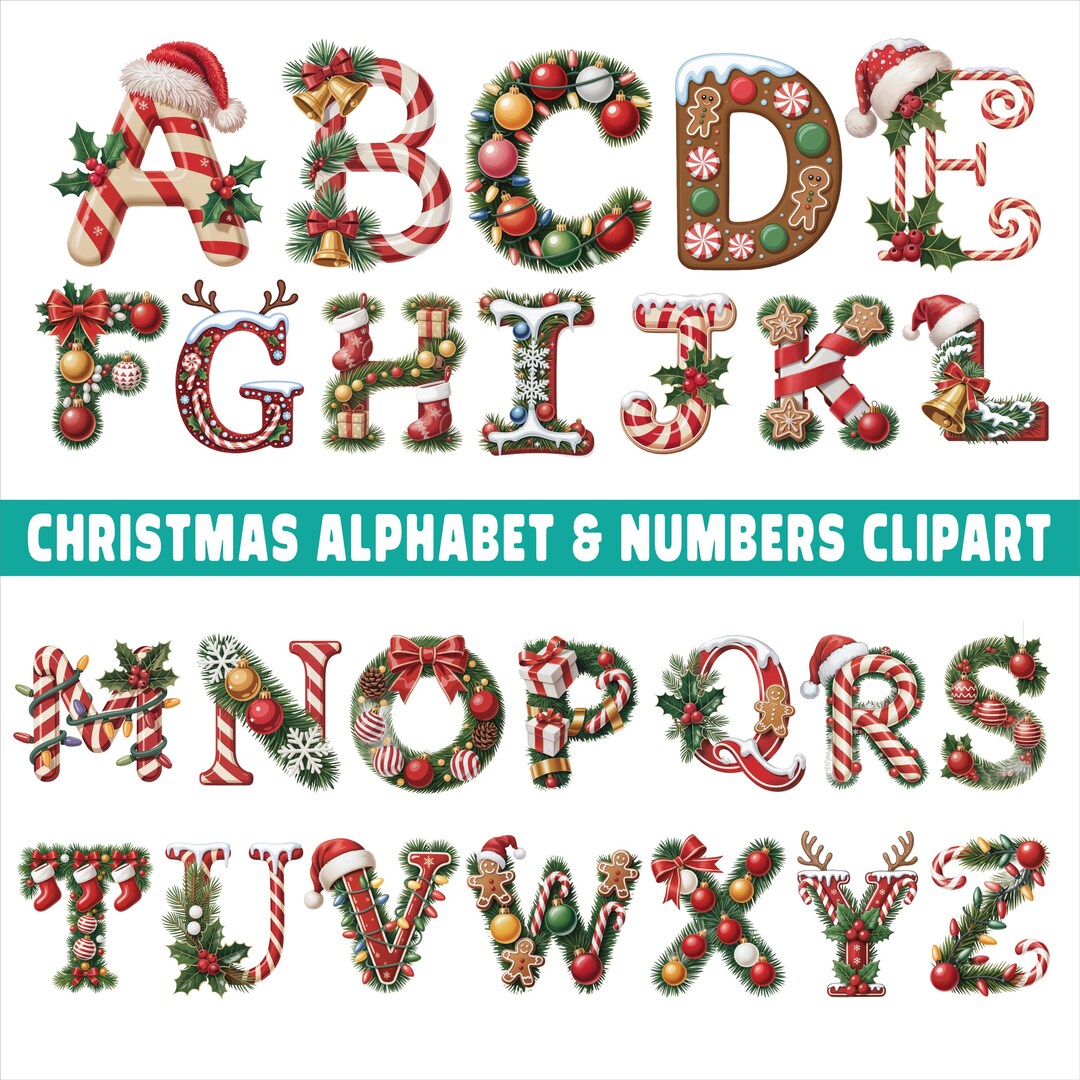 Christmas Alphabet Clipart: Festive Letters & Numbers PNG (digital ...