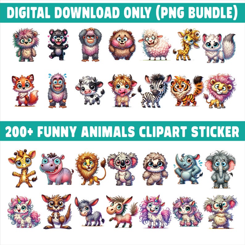 200+ Funny Animals Clipart PNG Bundle, Cute Animal Stickers, Digital ...