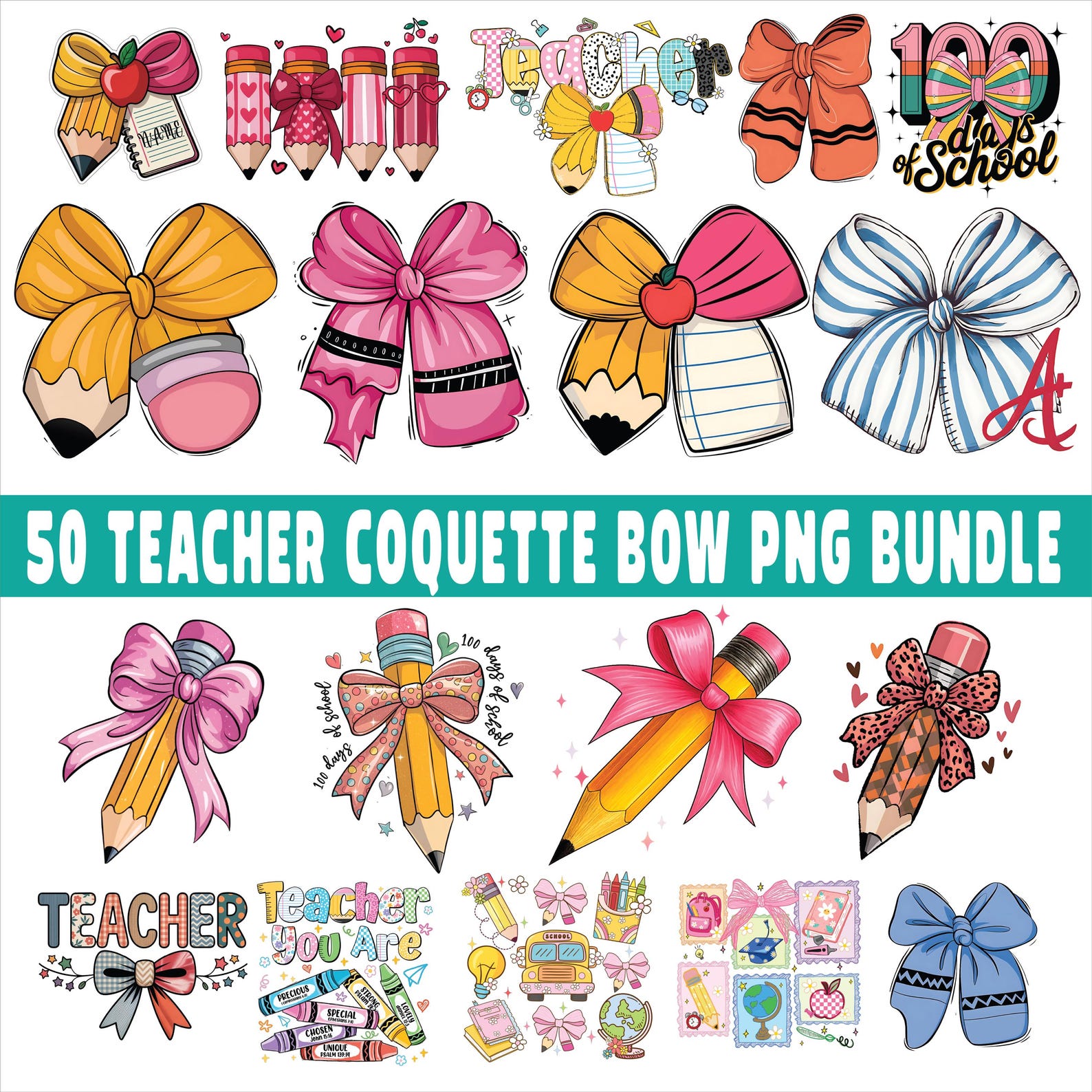 Teacher Coquette Bow PNG Bundle: Classroom Decor Clipart (digital ...