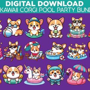 20 Kawaii Corgi Pool Party Stickers | Cute Dog Summer PNG Bundle ...