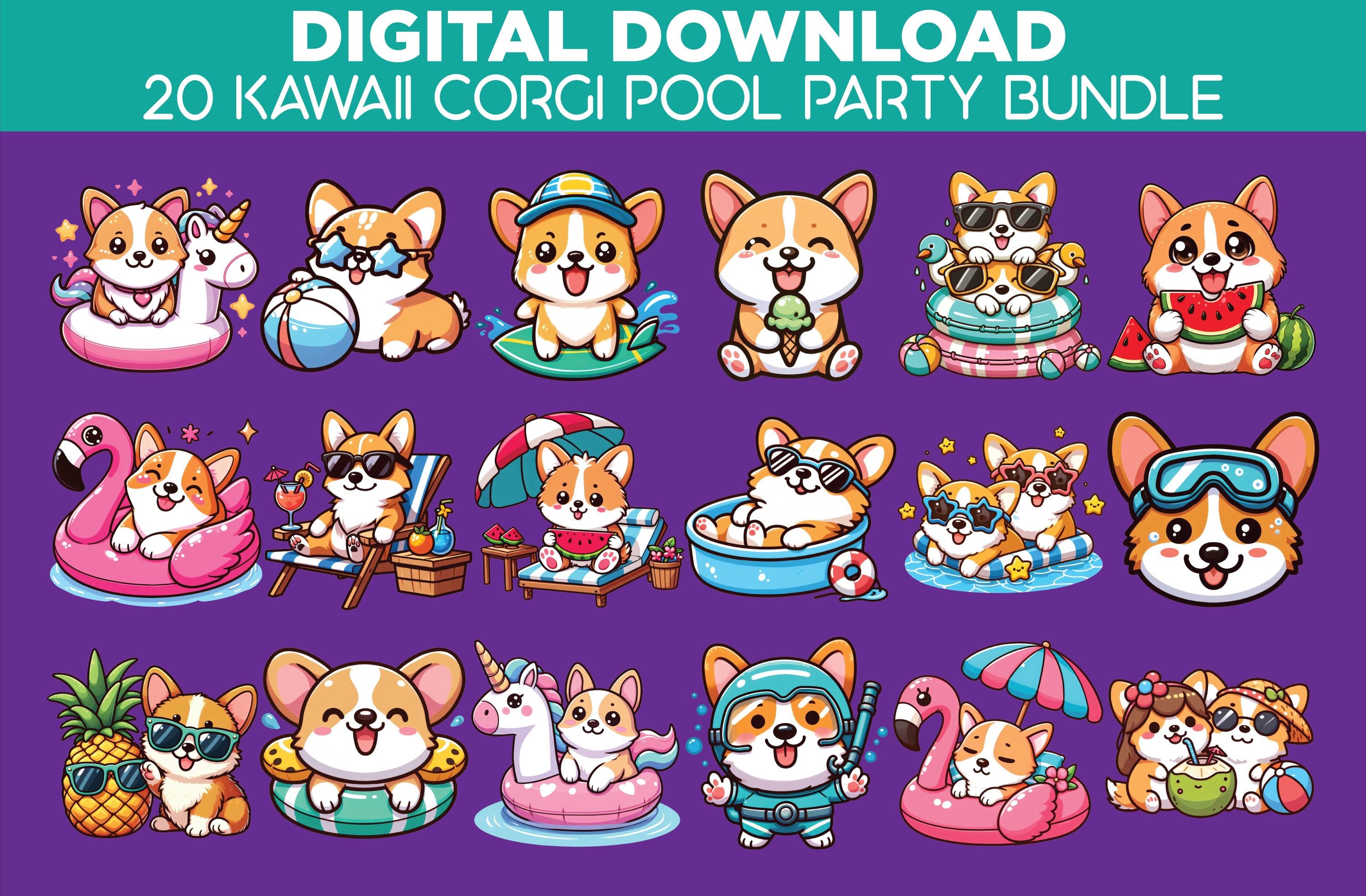 20 Kawaii Corgi Pool Party Stickers | Cute Dog Summer PNG Bundle ...