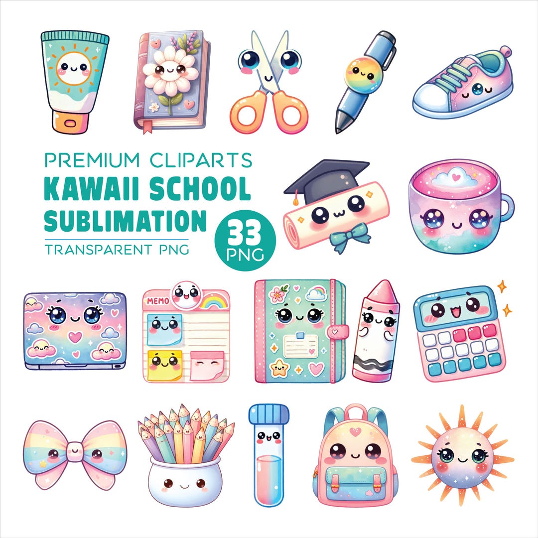 Kawaii School Stickers: 33 PNG Clipart, Pastel School Supplies (digital ...