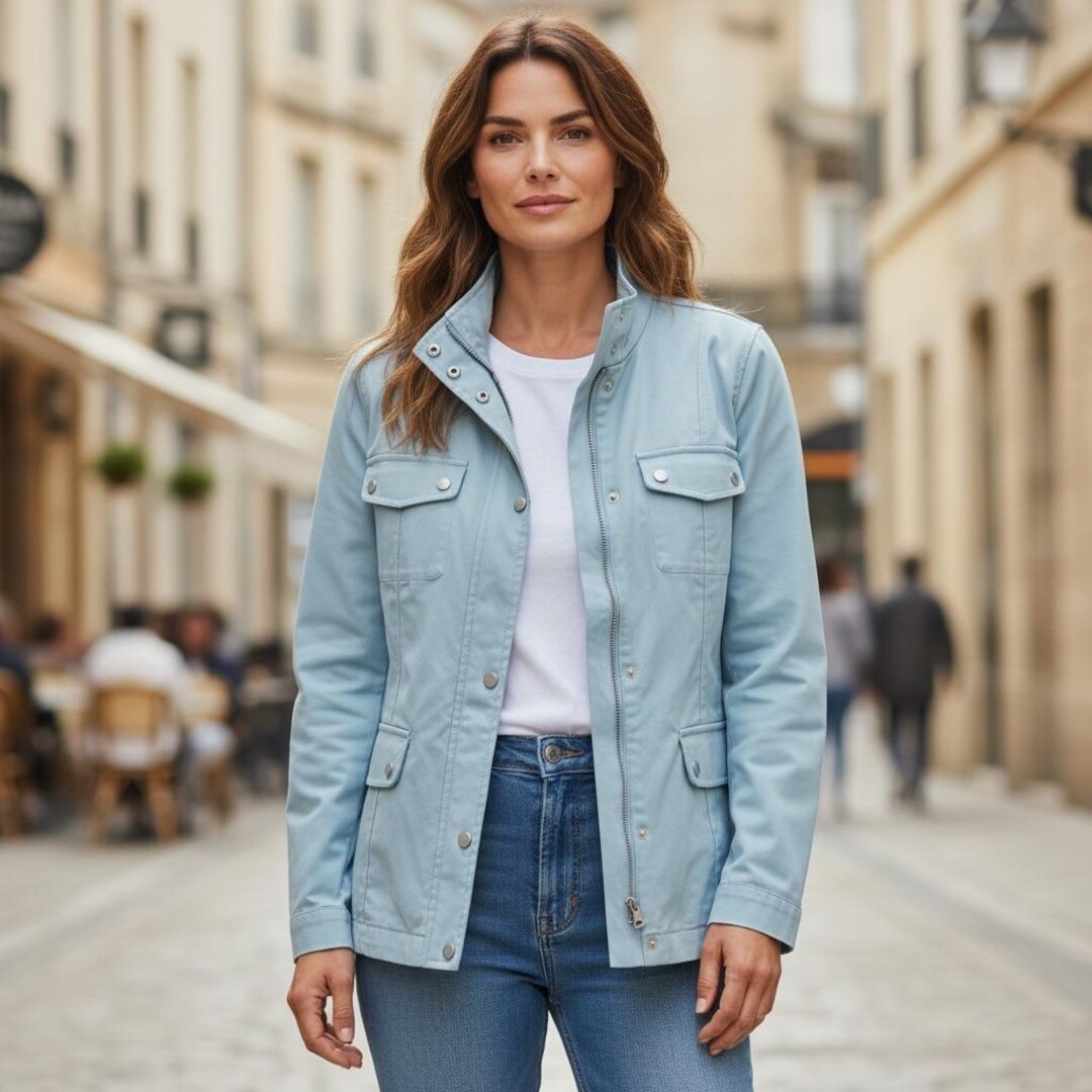 Chicos Light Blue Utility Jacket Womens Size 2 Pockets Zip Snap Collar ...