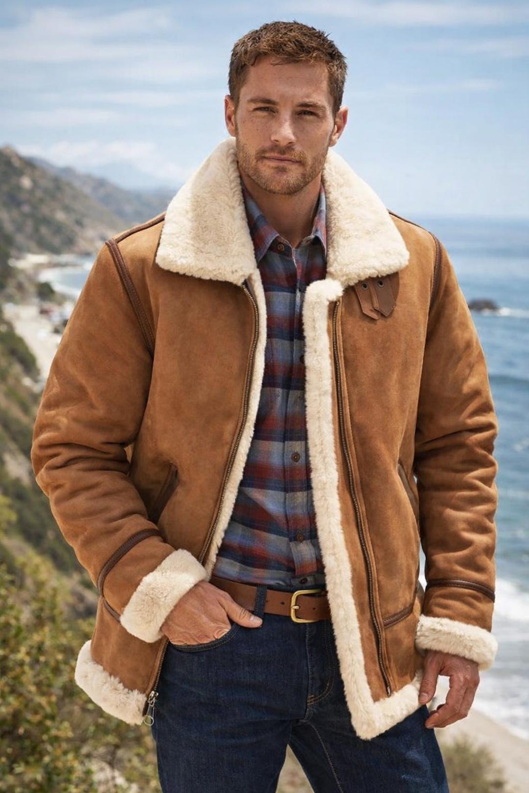 Mens Genuine Sheepskin Shearling Coat Camel Leather Jacket Winter ...