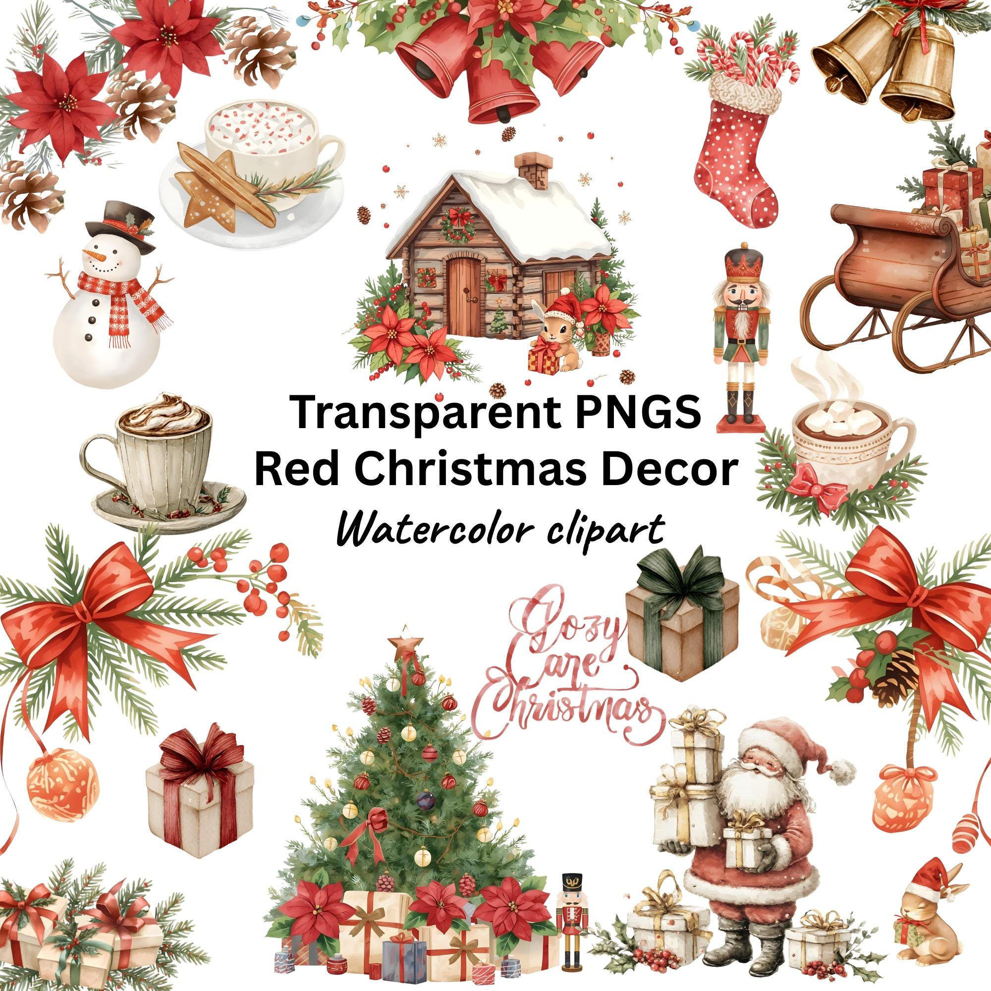 Red Christmas Watercolor Clipart Bundle: Rustic Holiday Decor (digital ...