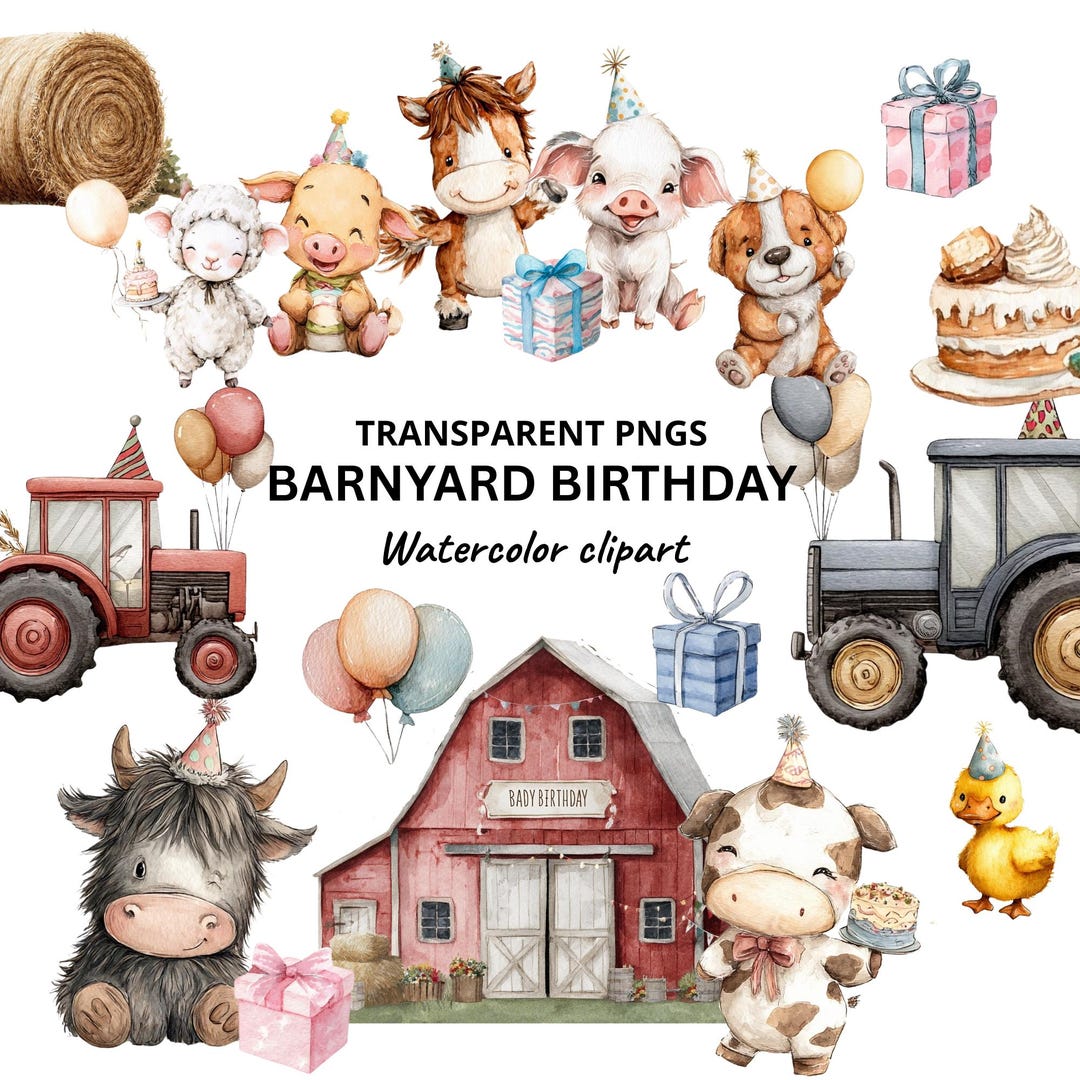 Watercolor Farm Animals Clipart: Barnyard Birthday, Baby Shower ...