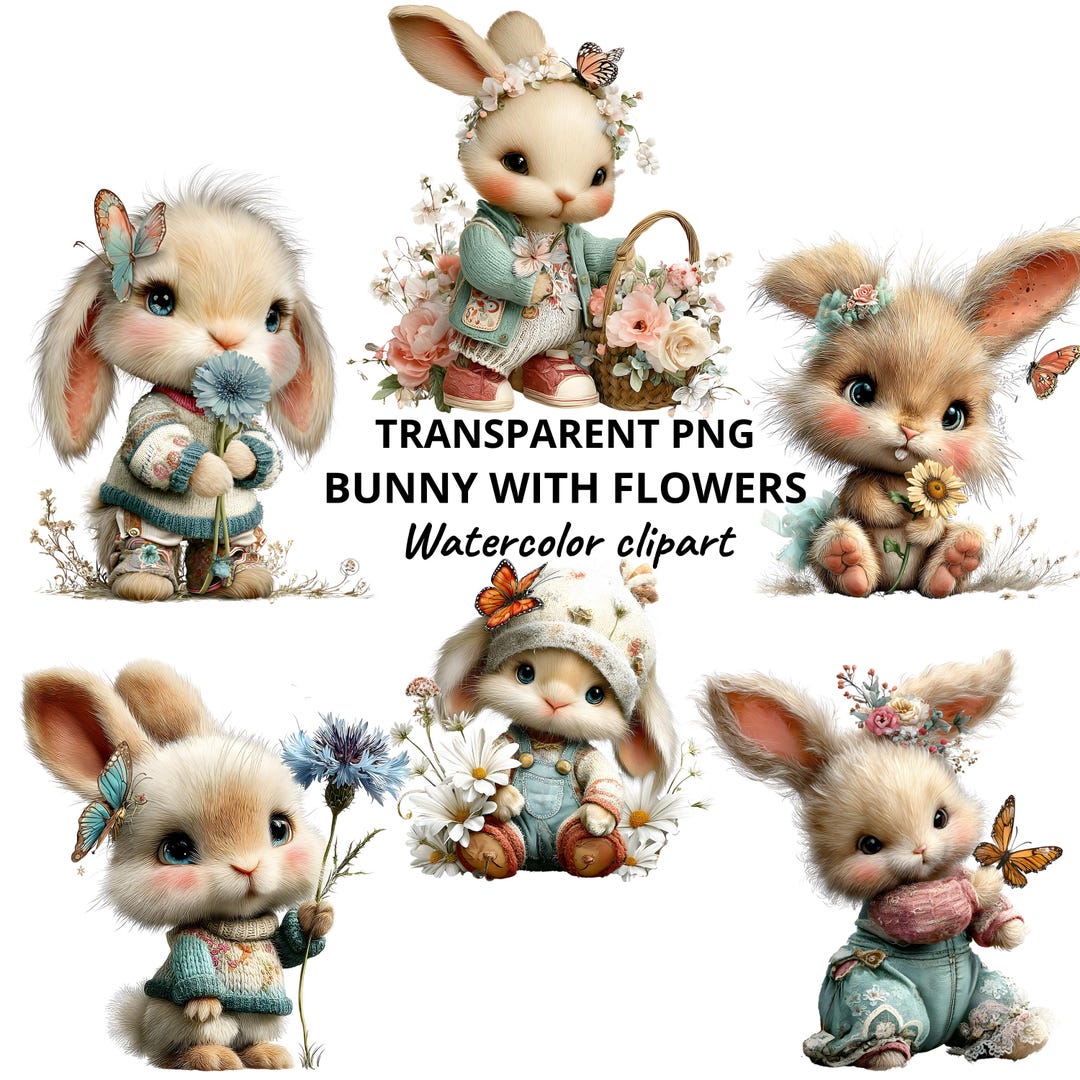 Watercolor Bunny Clipart Bundle, Floral Rabbit PNG (commercial Use) - Etsy