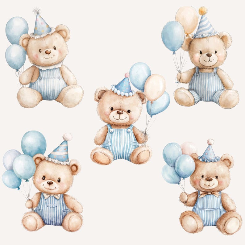 Blue Teddy Bear Clipart Set: Baby Birthday PNG Graphics (digital ...