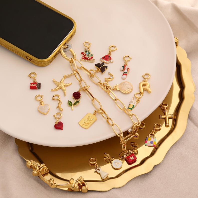 Custom Phone Strap, 14k Gold Plated Chain and Enamel Charms, Gift for ...