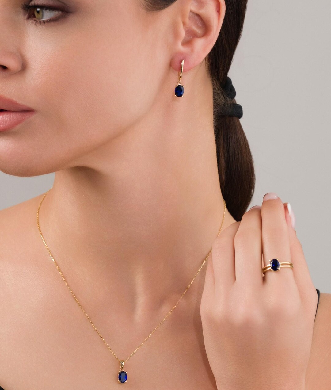 14 K Solid Gold Set , Saphire Stone, Saphire Ring ,saphire Earrings ...