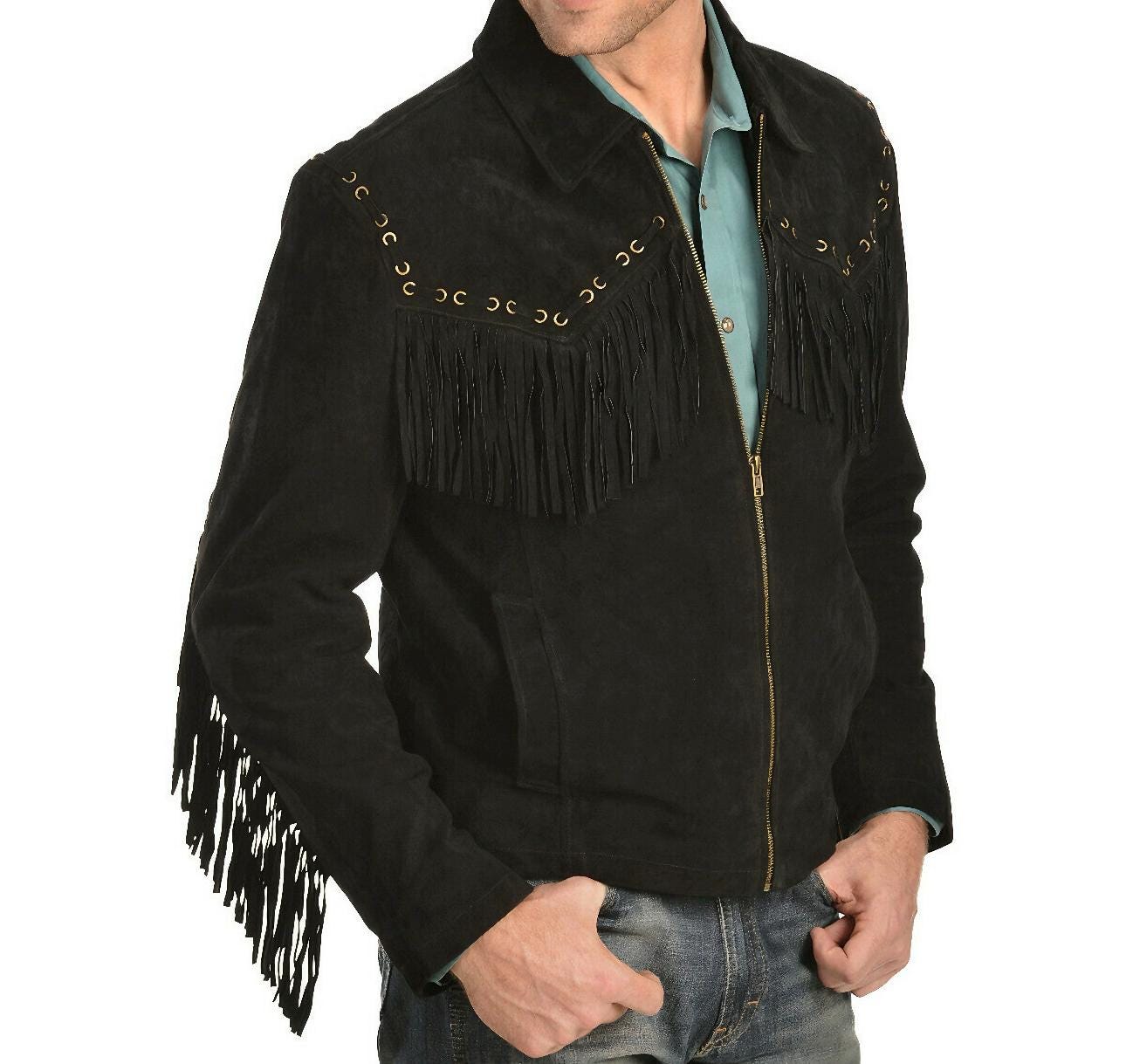 Men’s Traditional Western Style Cowboy Leather Jacket Coat With Fringes ...