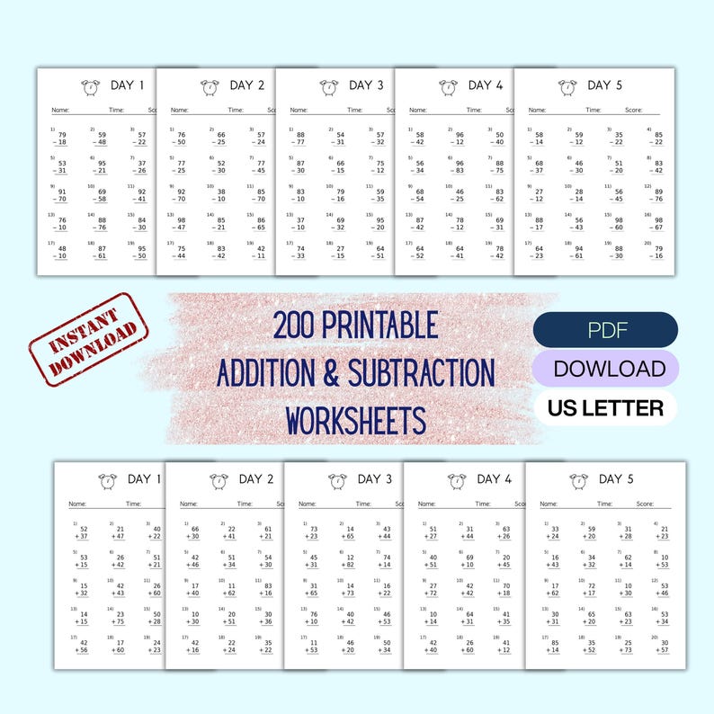 200 Daily Math Worksheets I Addition and Subtraction Practice for Kids ...