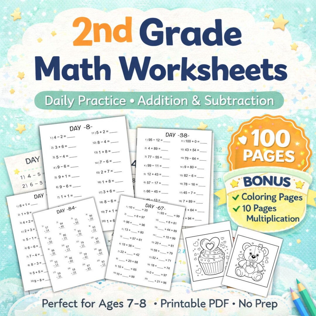 100 Days Math Worksheets for 2nd Grade | Addition - Subtraction | Easy ...