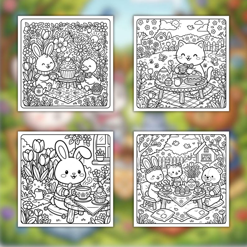 Cozy Spring Tea Time Coloring Book, Animals Kawaii Pages (PDF + PNG ...