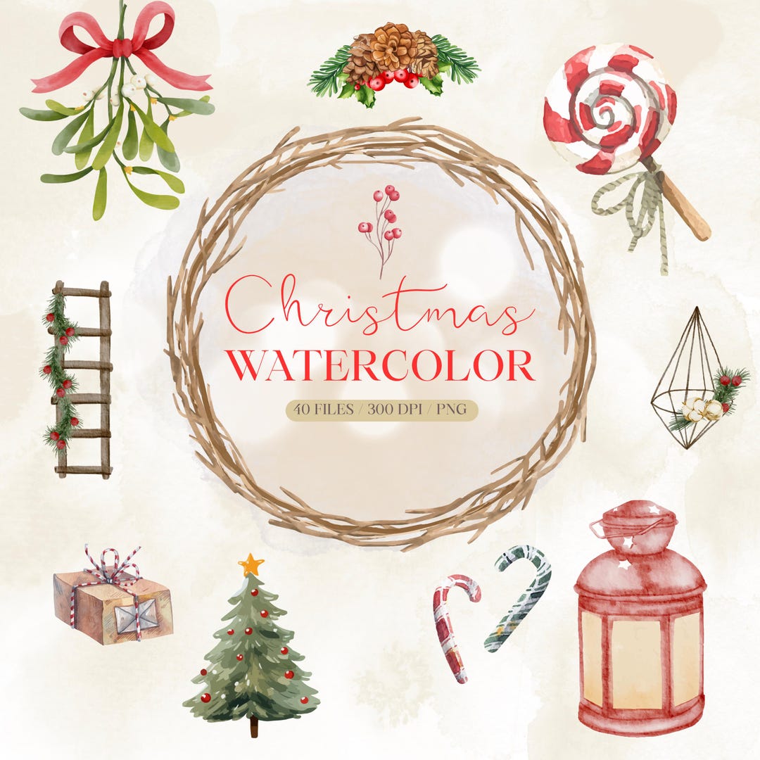 Watercolor Christmas Clipart Bundle: 40 Holiday PNG Elements - Etsy
