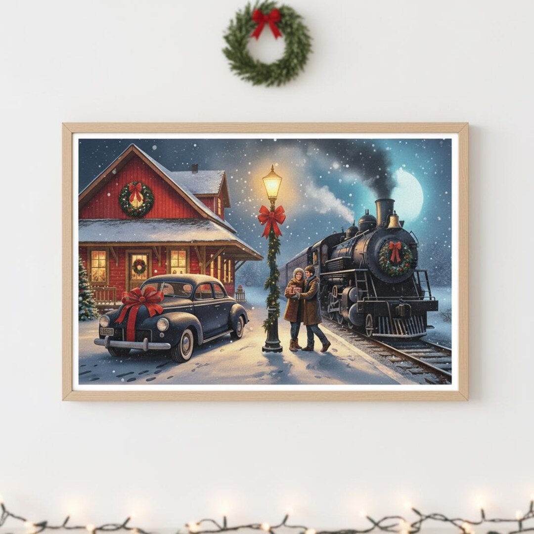 Vintage Christmas Train Wall Art | Retro Holiday Car, Winter Couple - Etsy