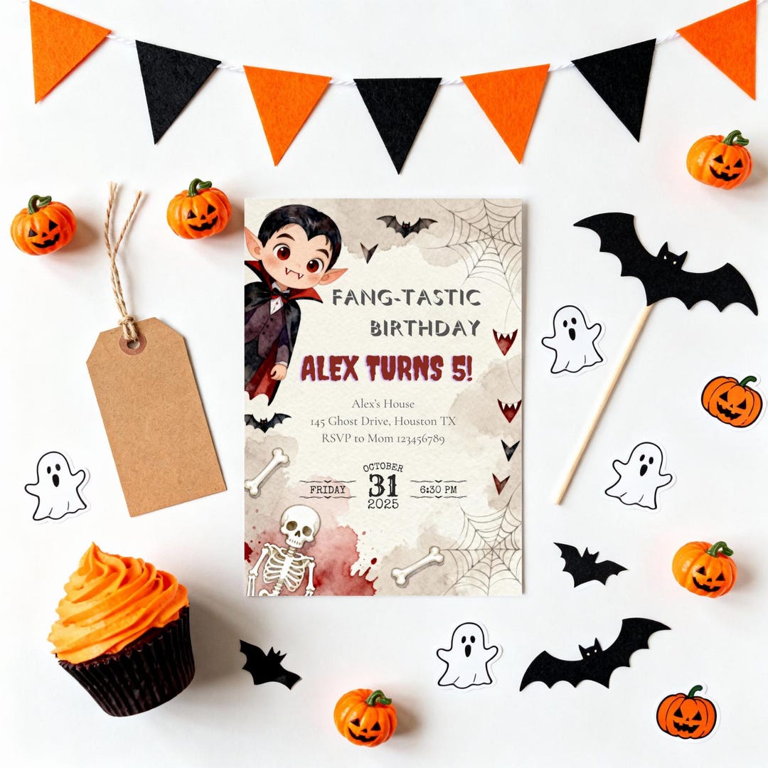 Editable Halloween Birthday Invitation, Vampire & Skeleton Kids Costume ...