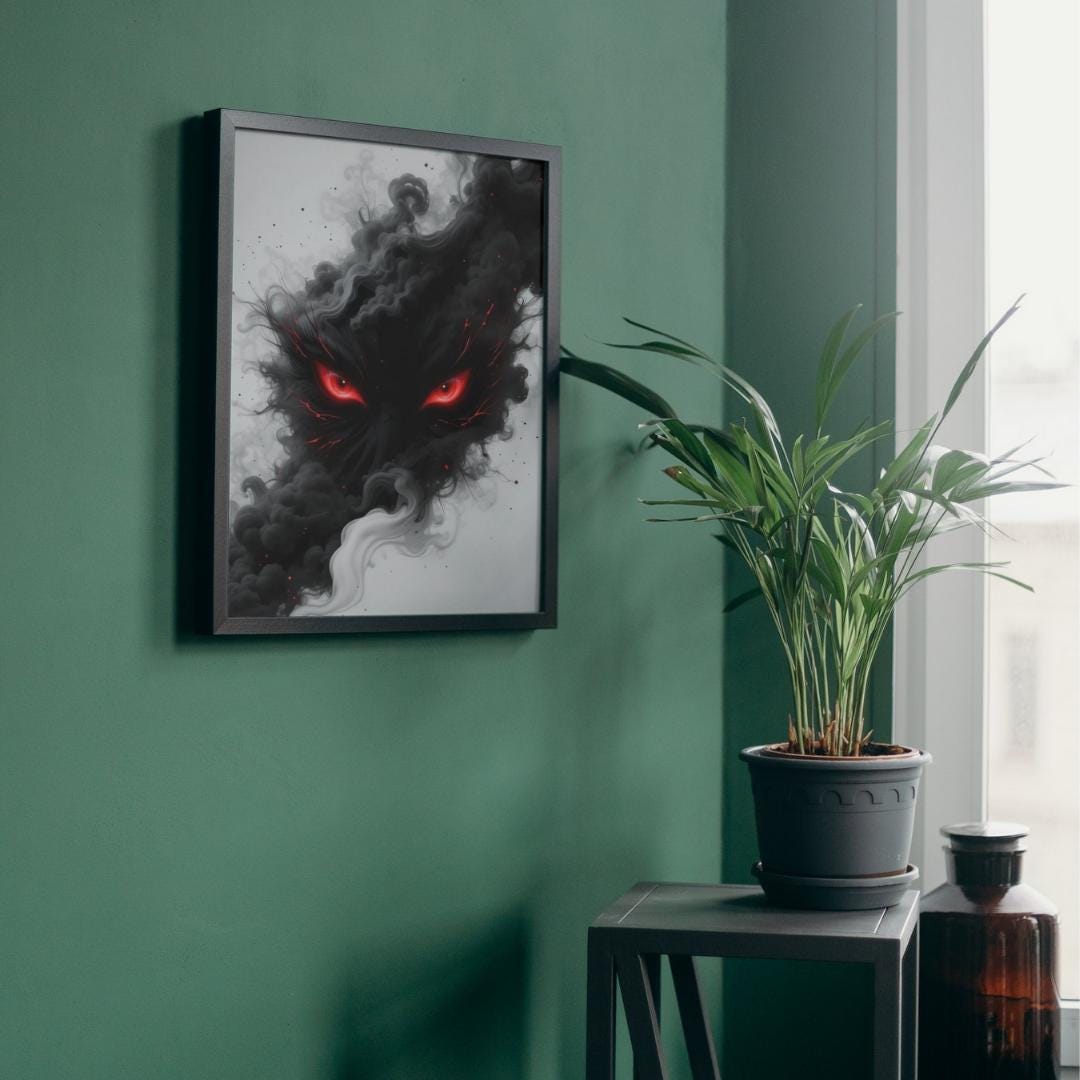 Dark Smoke Art, Red Eyes Wall Print, Shadow Creature Poster, Gothic ...