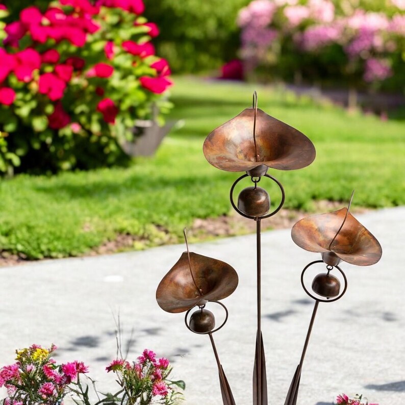 Rustic Iron Calla Lily Garden Statue With Bell | Unique Outdoor Yard ...