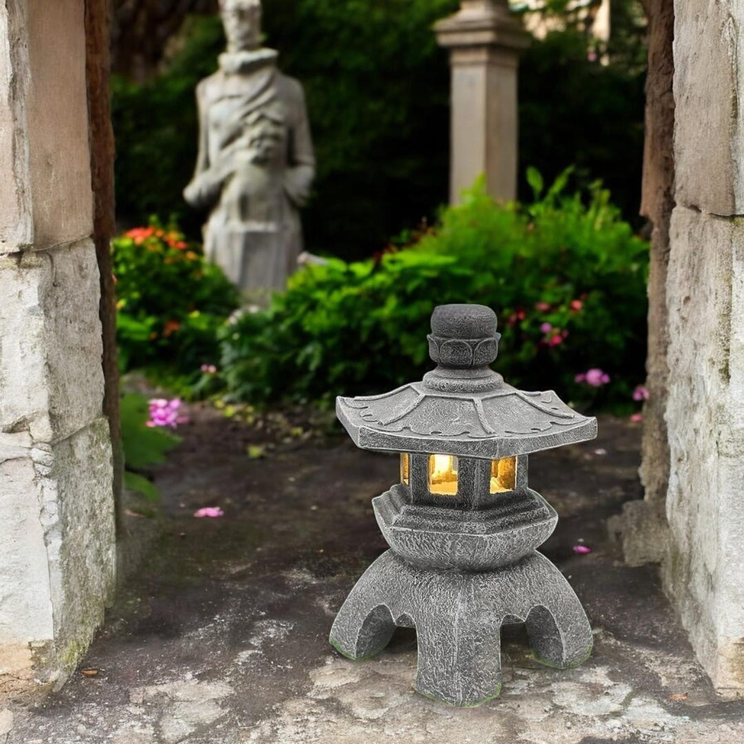 Resin Outdoor Solar Lantern Pagoda | Unique Stone Garden Light Statue ...