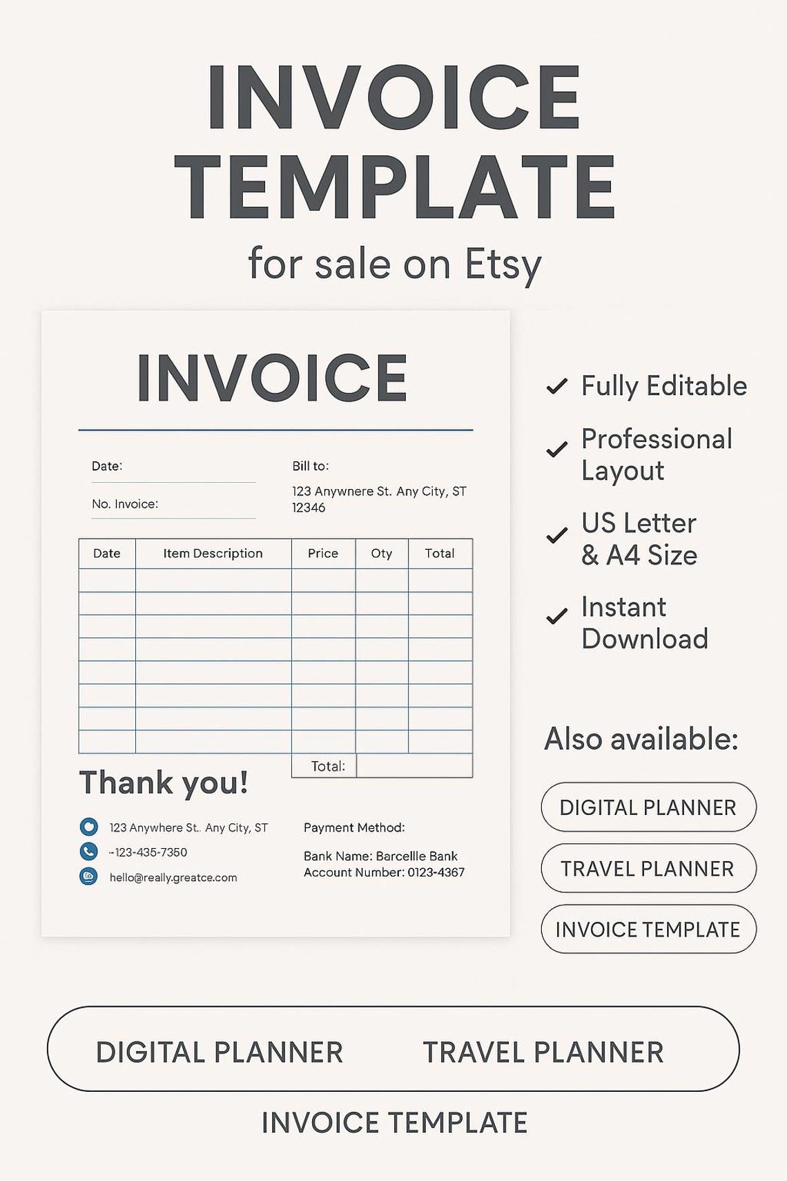 Modern Invoice Template, Editable Invoice, Customized Invoice ...