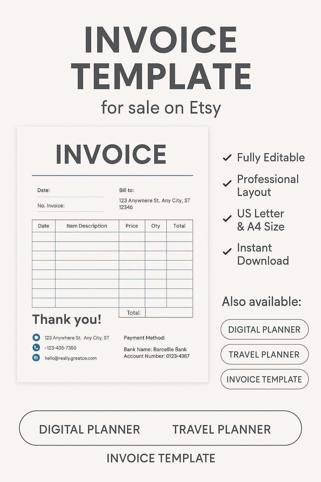 Modern Invoice Template, Editable Invoice, Customized Invoice ...