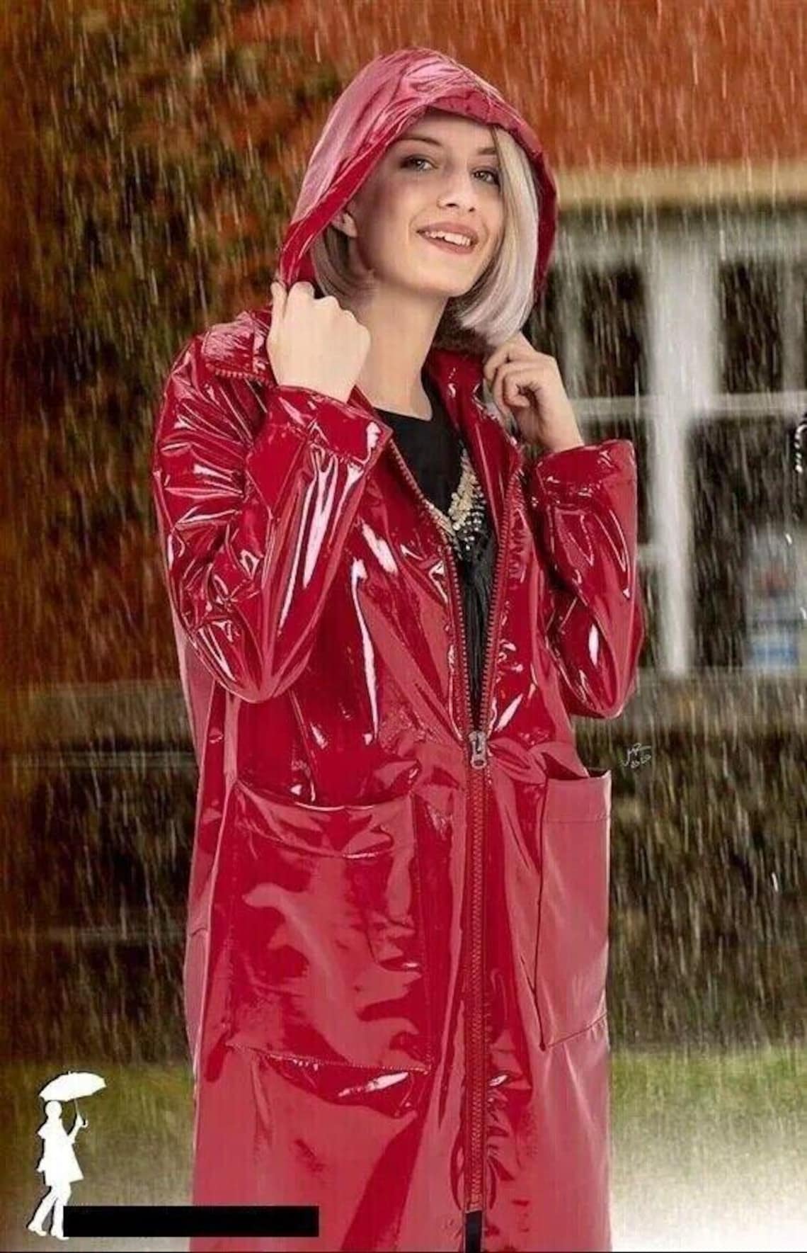 Handmade Women Red PVC Vinyl Parka Jacket Hoodie Long Coat Zip Raincoat ...