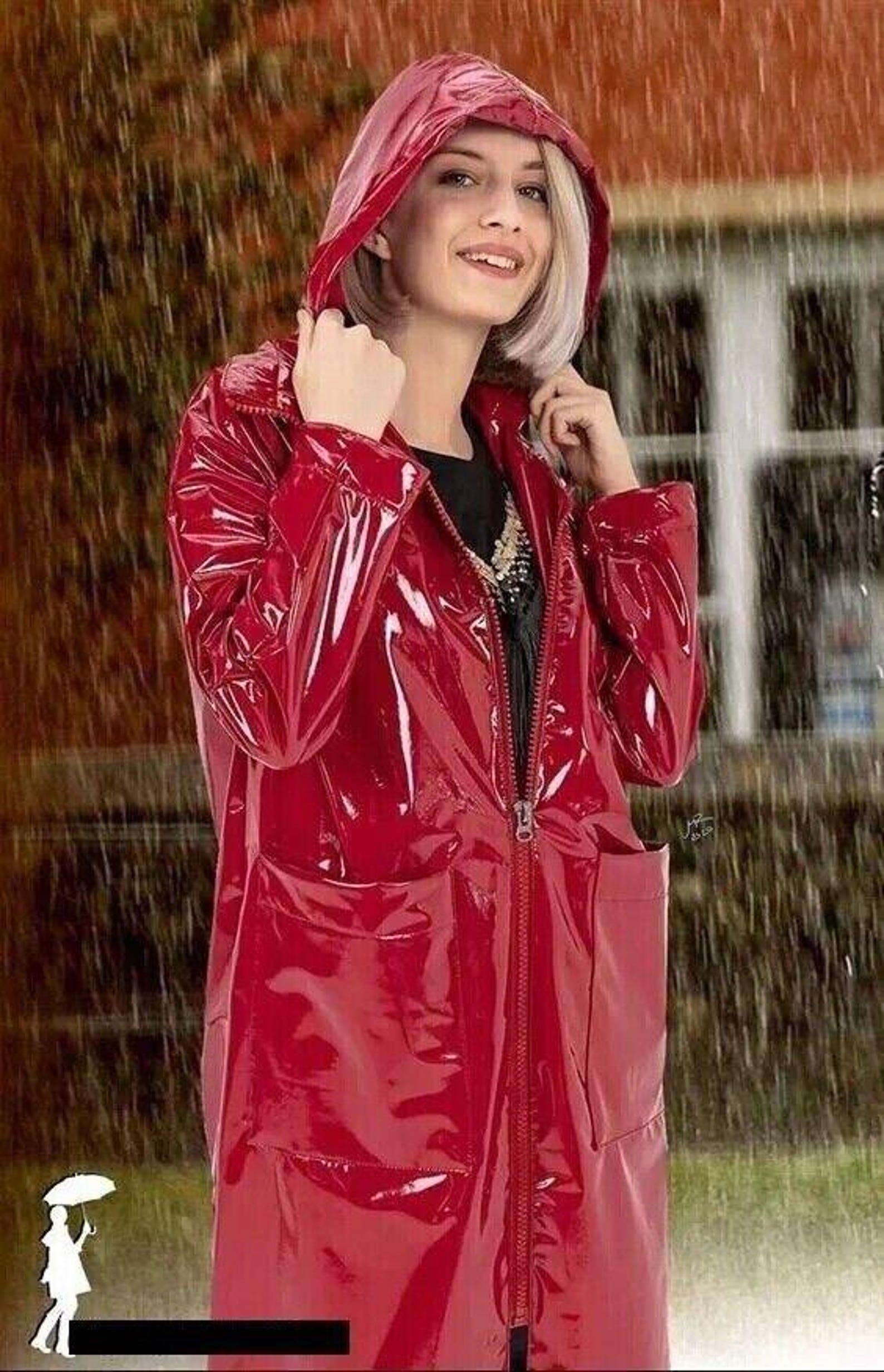Handmade Women Red PVC Vinyl Parka Jacket Hoodie Long Coat Zip Raincoat ...