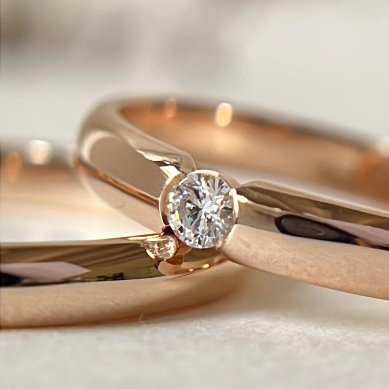 Minimalist 14k Red Gold Wedding Ring Set: Diamond Women's Band - Etsy