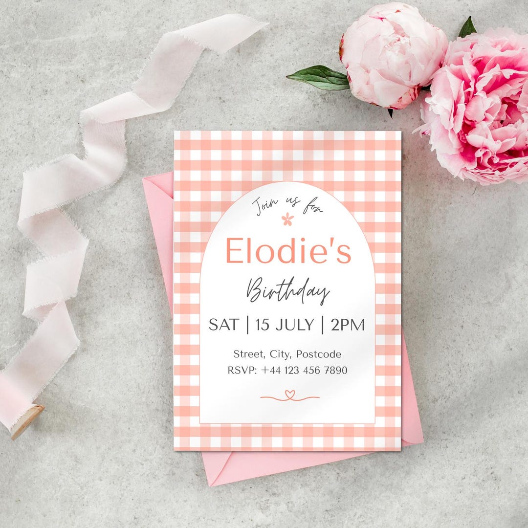 Personalised Pink Gingham Birthday Invitation Template | Canva Digital ...