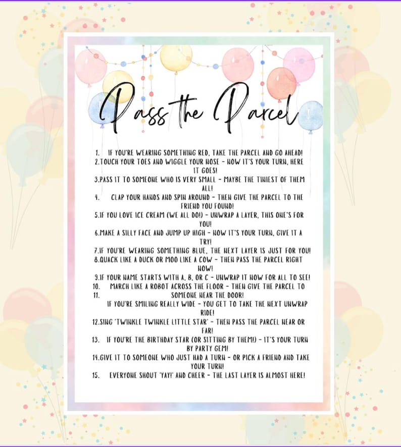 Pass the Parcel Game Clue Cards – Printable Kids Party Game – Fun ...