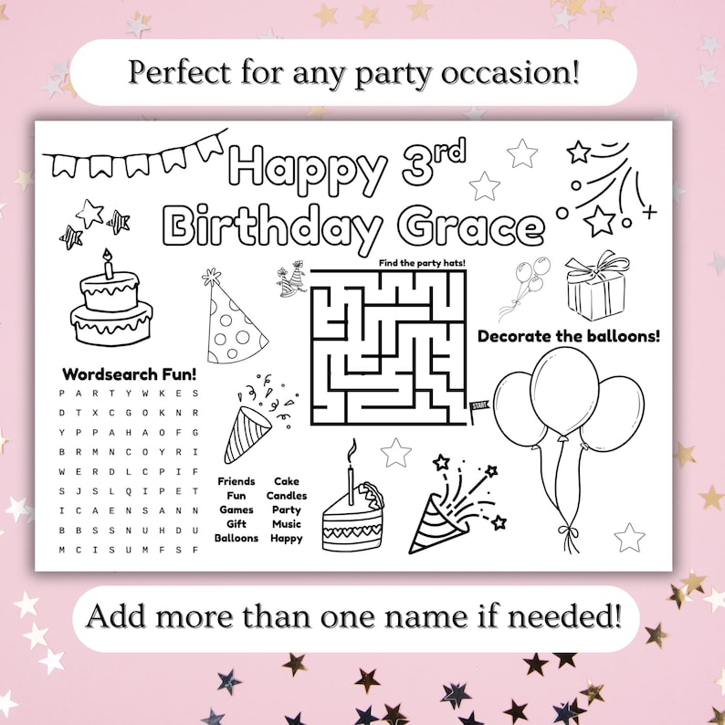 Birthday Party Coloring Placemat – Personalized Activity for Kids ...