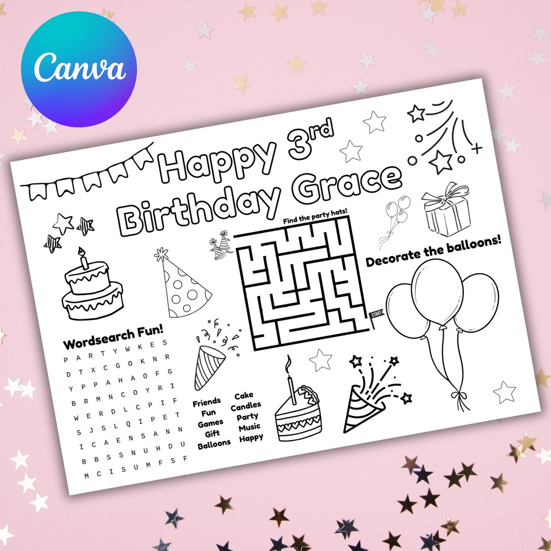 Birthday Party Coloring Placemat – Personalized Activity for Kids ...