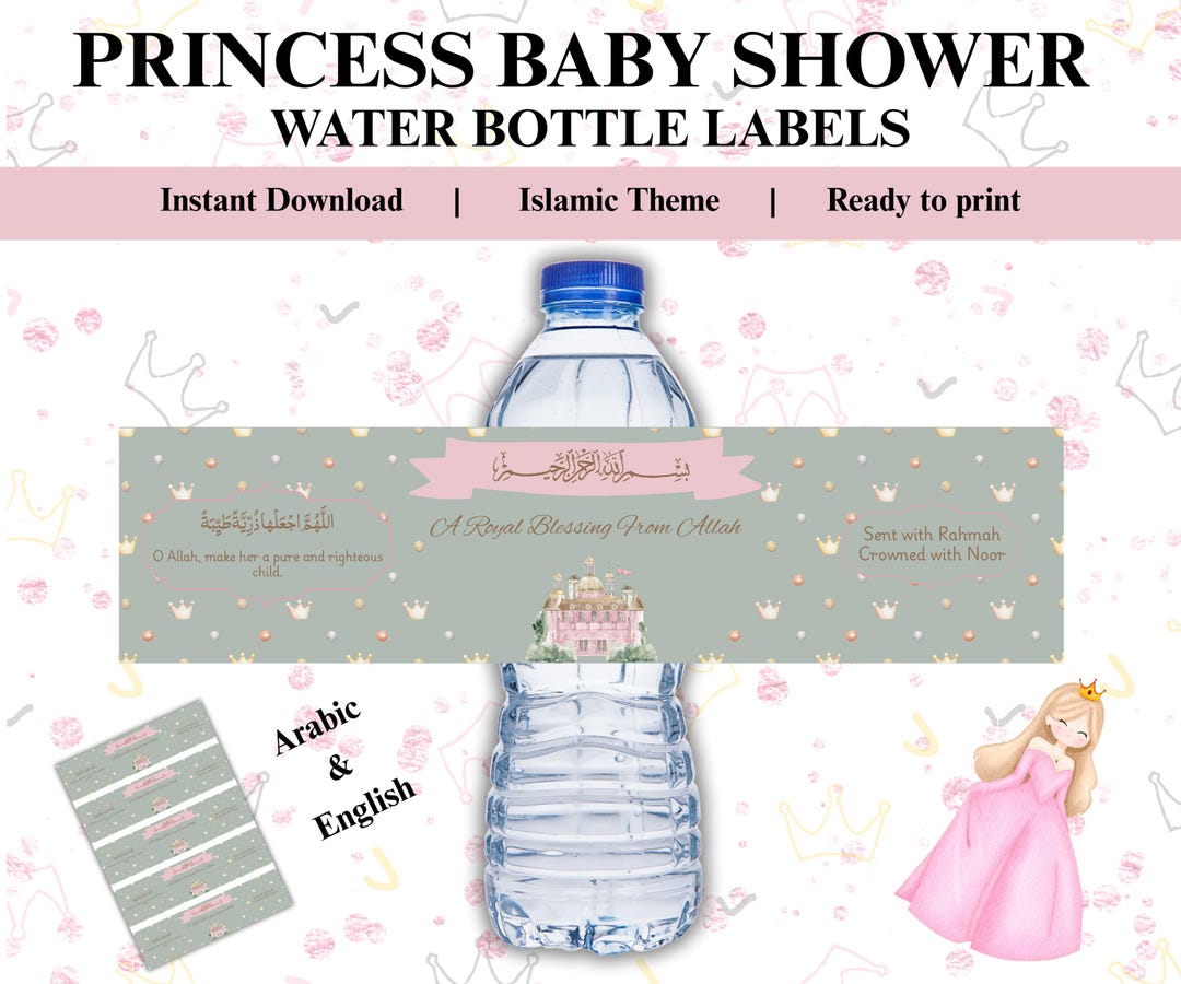 Princess Islamic Baby Shower Water Bottle Labels – Aqeeqah Favors, Girl ...