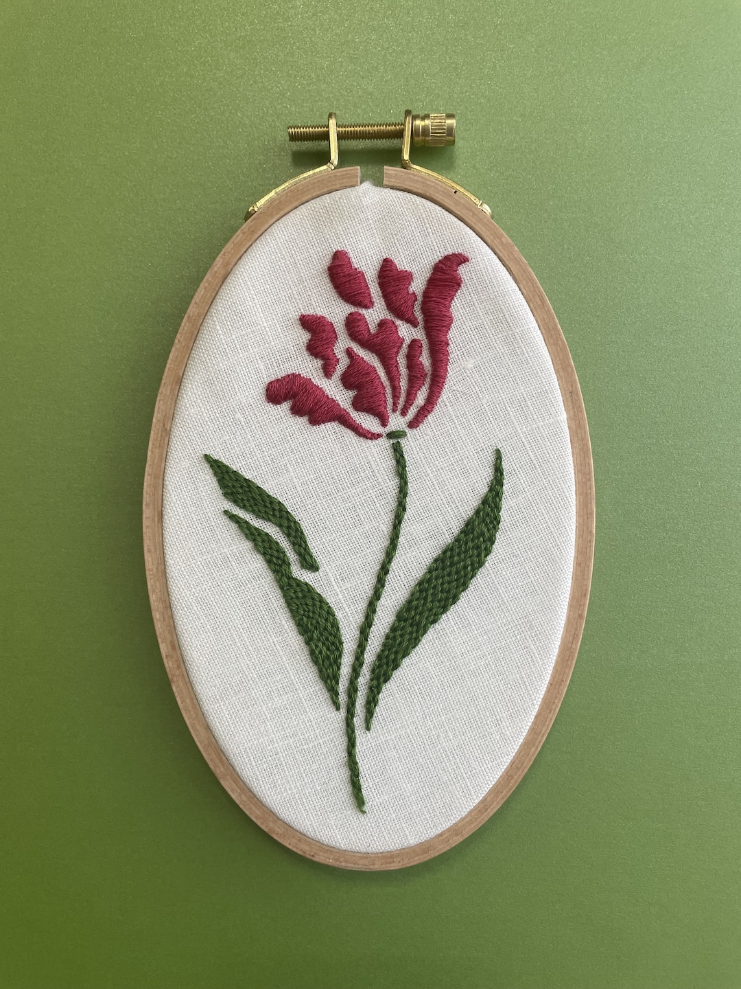 Tulip. Hand Embroidered Tulip in 6" X 4" Oval Hoop. Home Decor. Spring ...