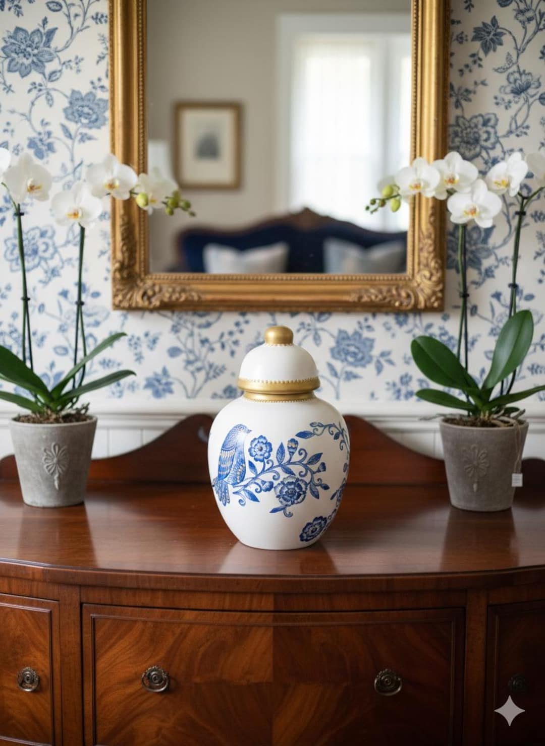 Handmade Ceramic Jar | Blue Bird Decoupage, Gold Accents (22 Cm) - Etsy