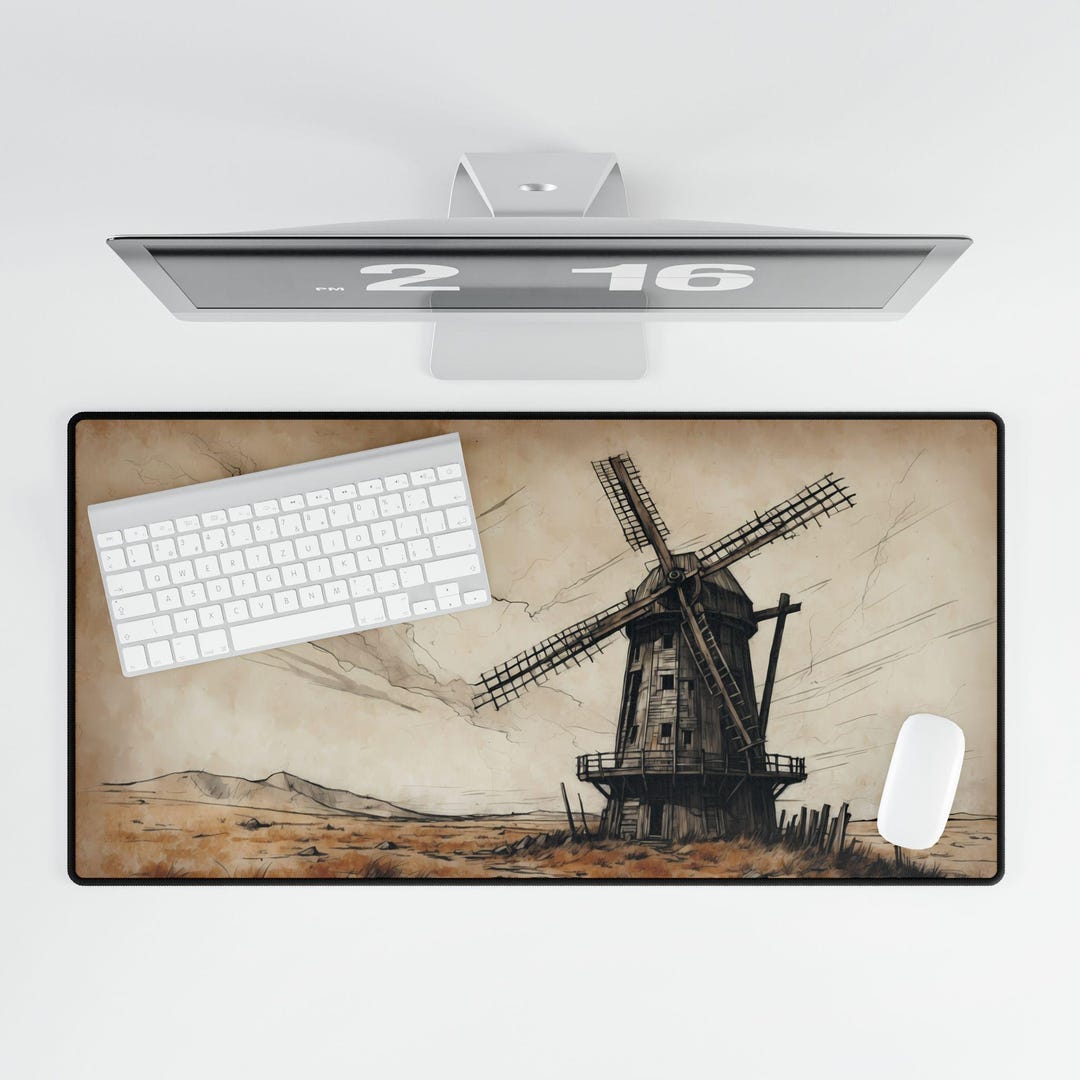 Vintage Windmill Desk Mat | Rustic Sepia Illustration - Etsy