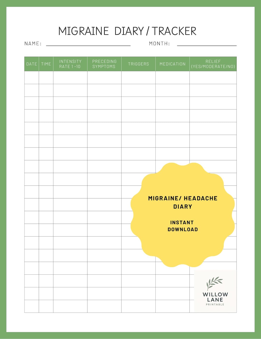 Printable Migraine Monthly Tracker – Headache Log - Etsy