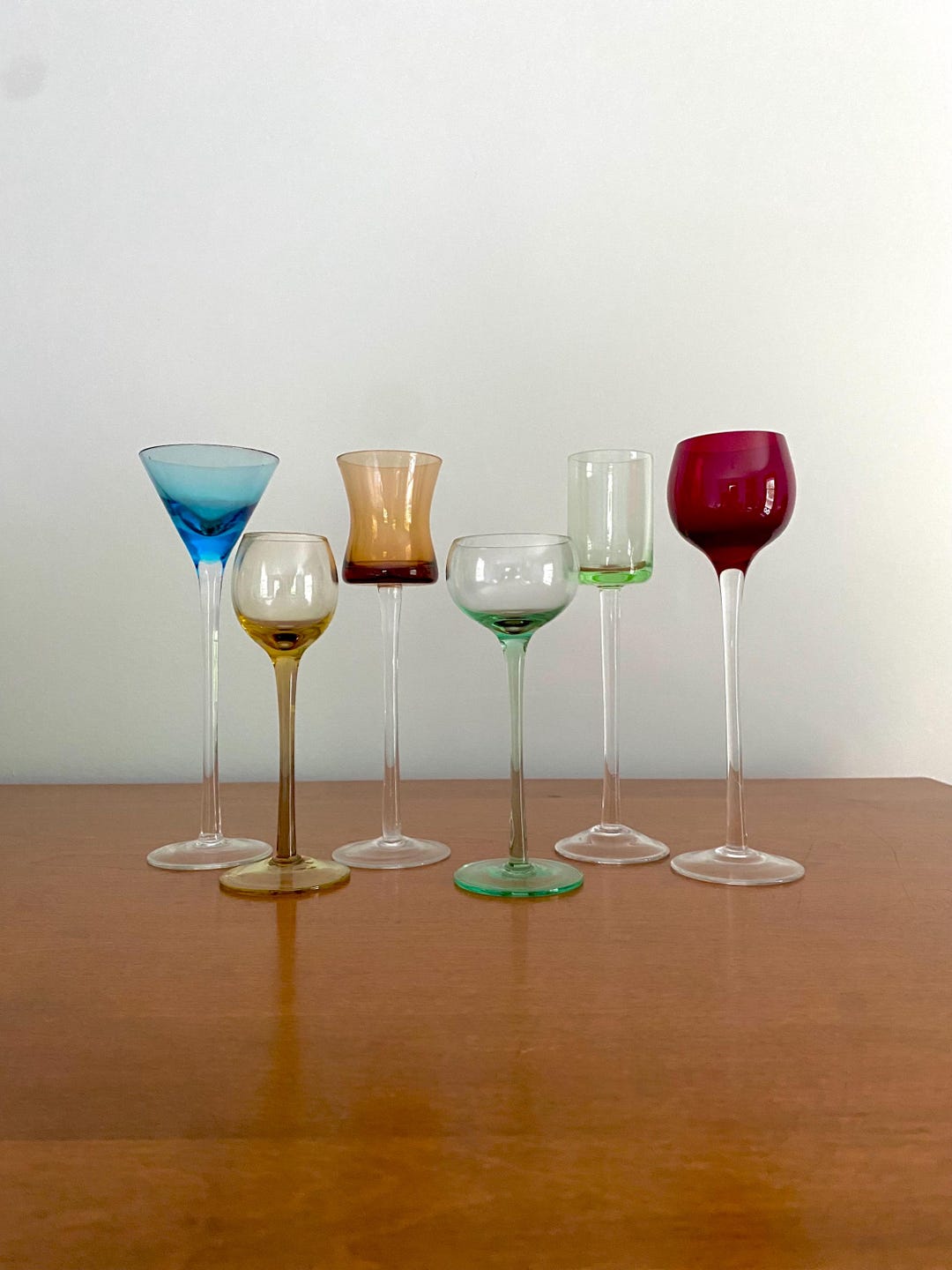 Vintage Set of Six Hand Blown Long Stem Cordials Aperitif Multi Colored ...