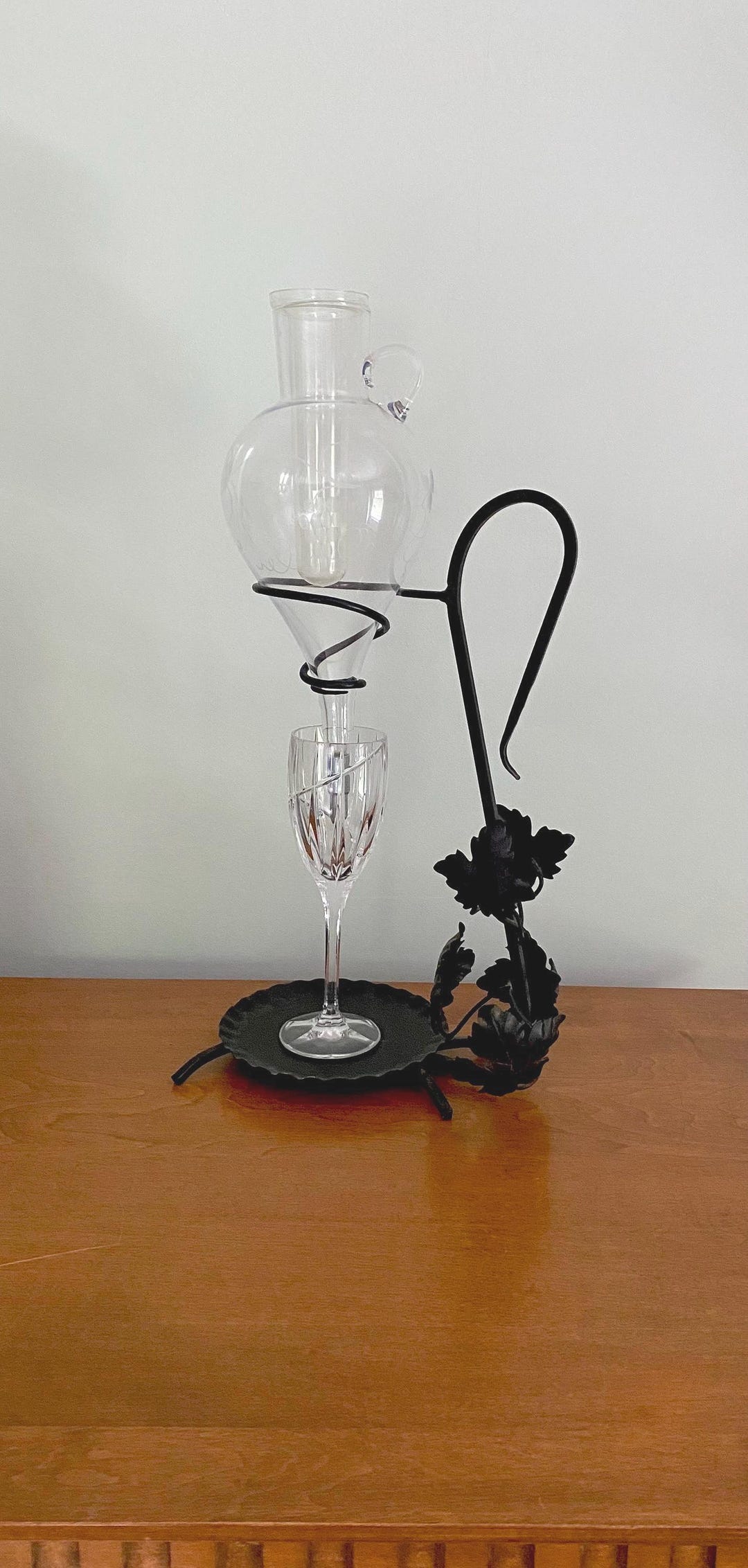 Vintage Etched Crystal Wine Aerator With Wrought Iron Stand - Austrian ...