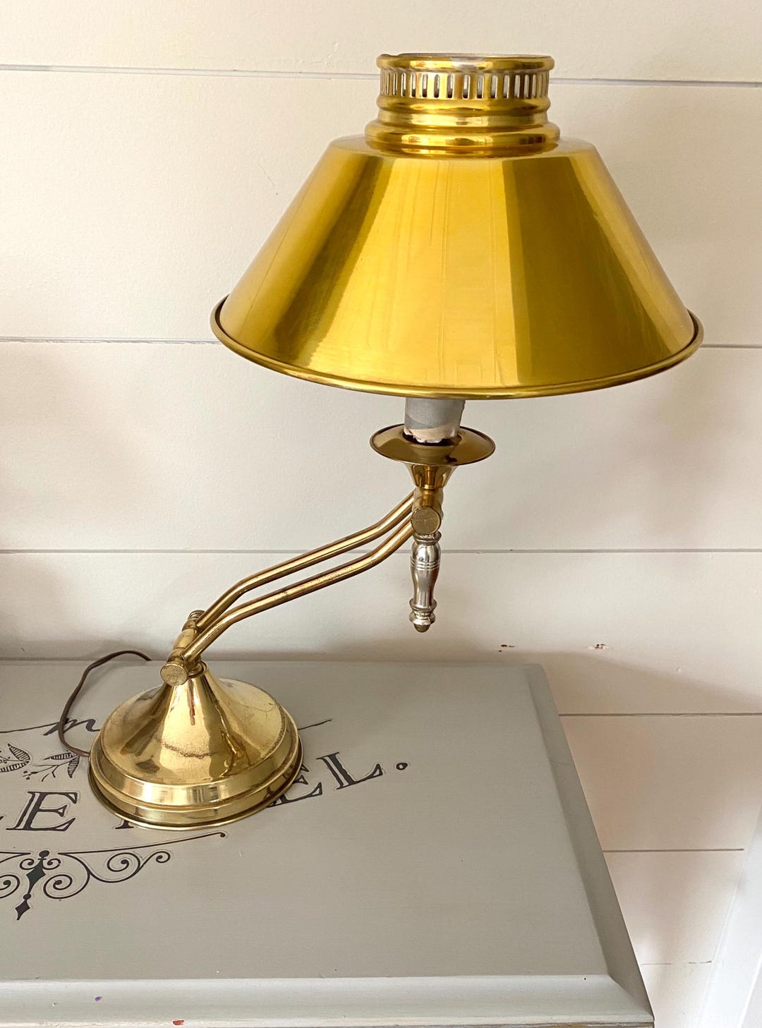 Vintage Brass Mid Centry Swivel Student Desk Table Lamp With Tole Shade ...